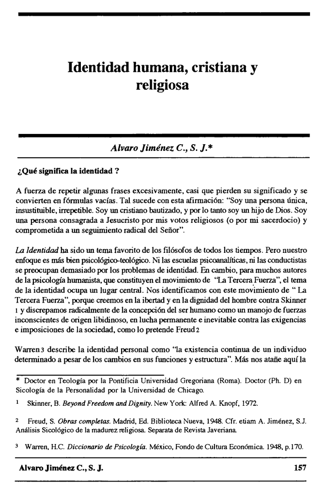 Identidad humana, cristiana y religiosa