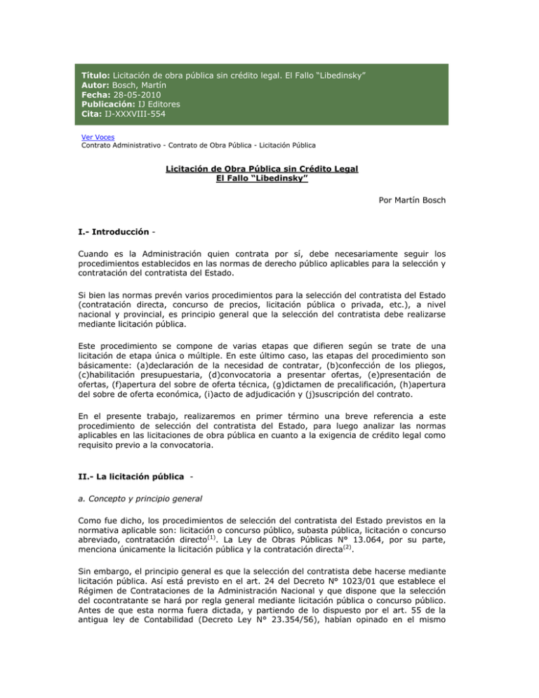 Título: Licitación de obra pública sin crédito legal. El Fallo