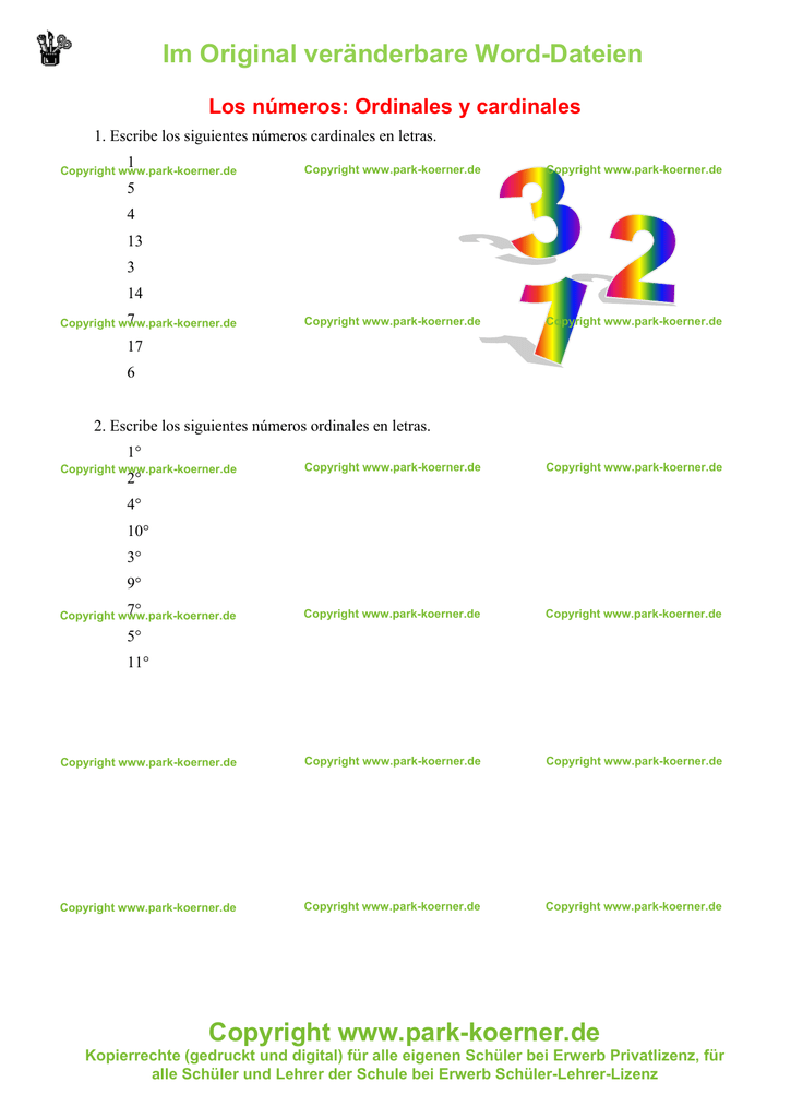 Ordnungszahlen Arbeitsblatt