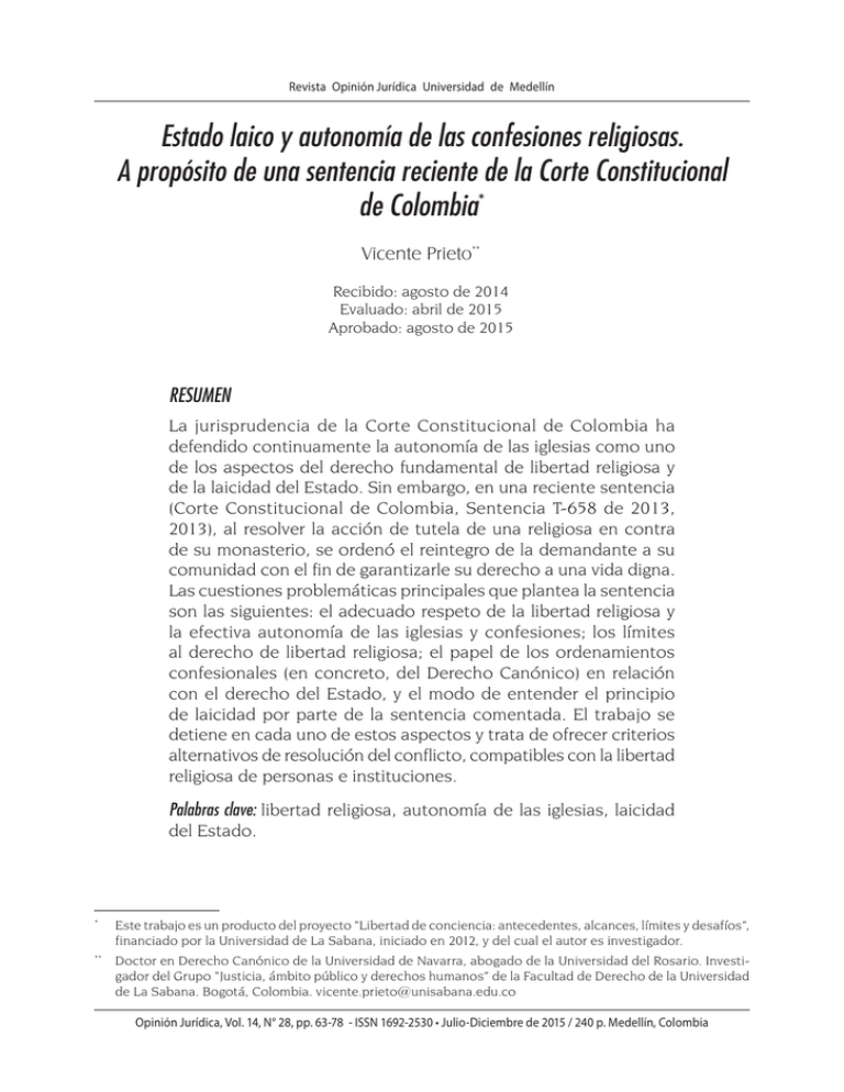 Estado laico y autonomía de las confesiones religiosas. A propósito