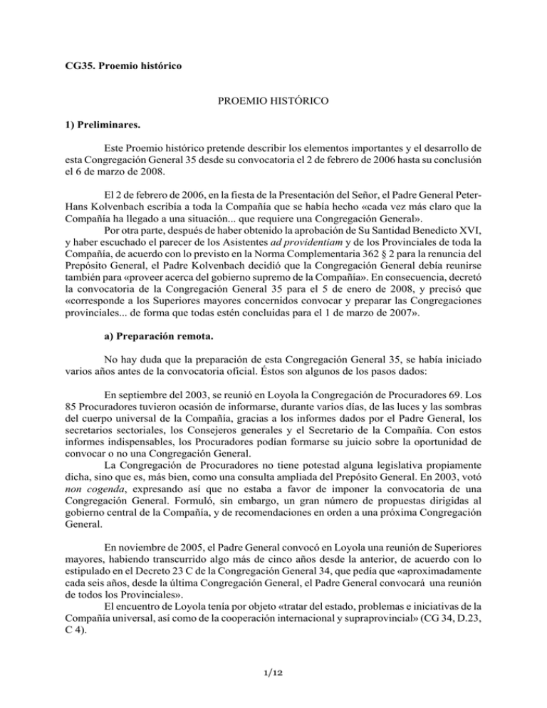 CG35. Proemio histórico PROEMIO HISTÓRICO 1) Preliminares