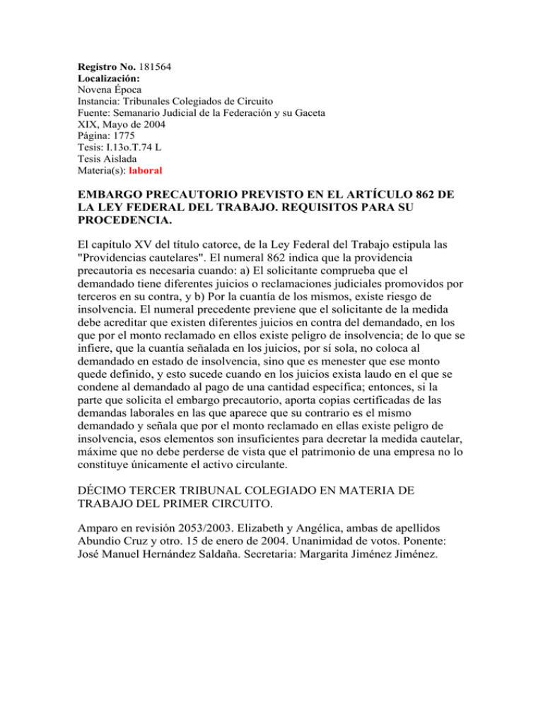 EMBARGO PRECAUTORIO PREVISTO EN EL ARTÍCULO 862 DE
