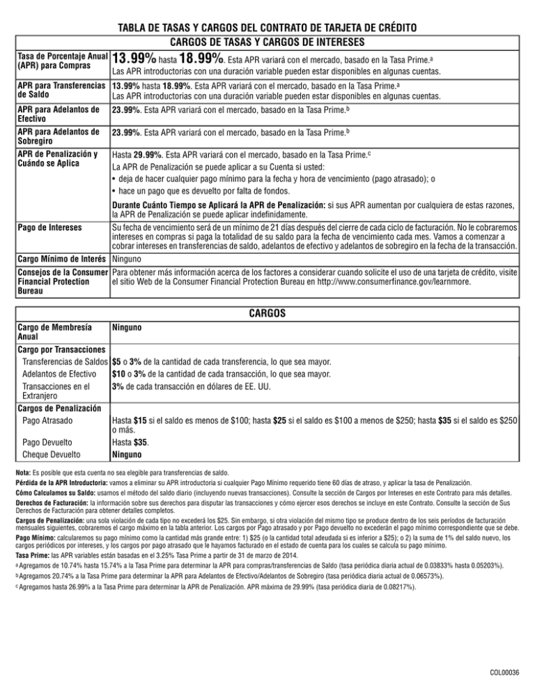 tabla de tasas y cargos del contrato