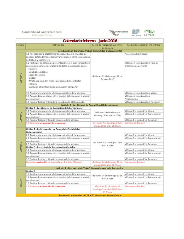 Calendario febrero - junio 2016