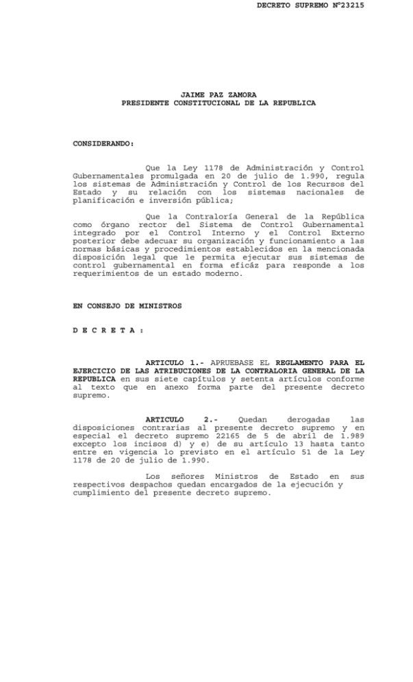 DECRETO SUPREMO N°23215 JAIME PAZ ZAMORA