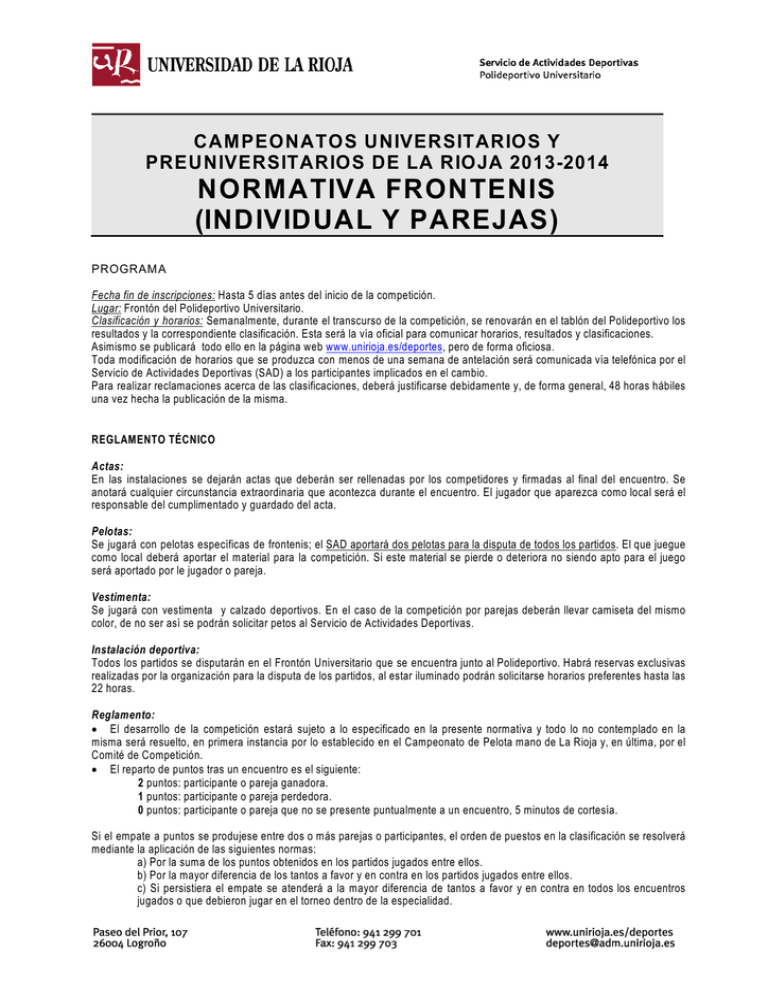 NORMATIVA FRONTENIS (INDIVIDUAL Y PAREJAS)