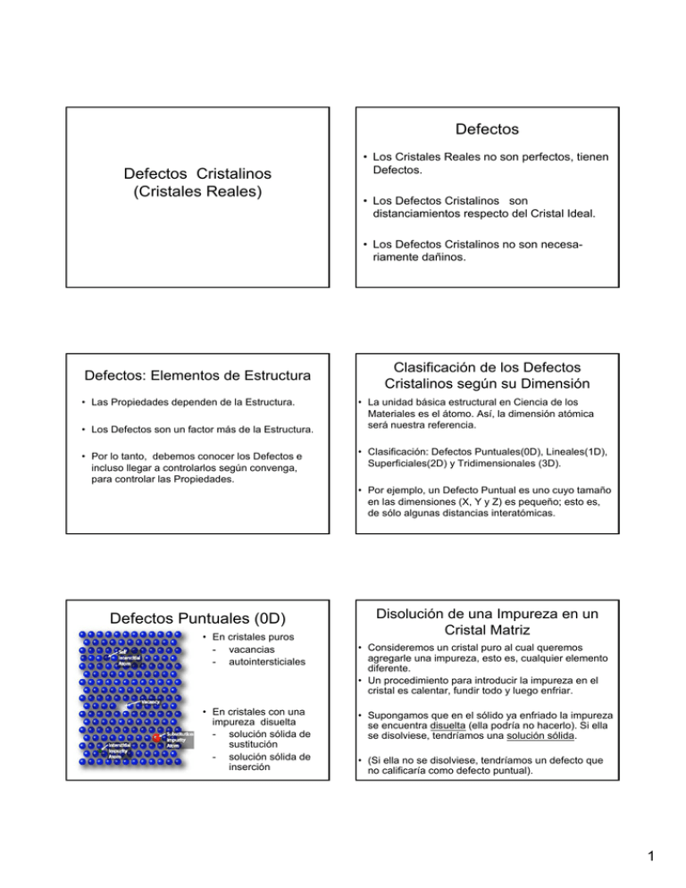 Defectos Cristalinos (Cristales Reales) Defectos Defectos Puntuales