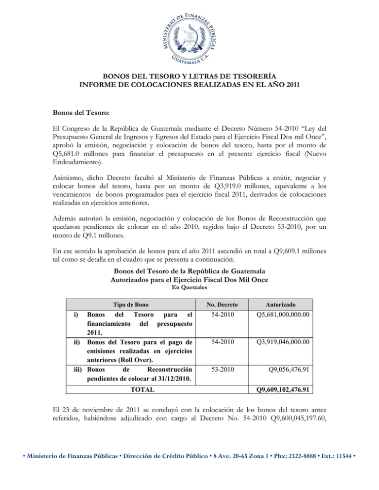 BONOS DEL TESORO Y LETRAS DE TESORERÍA INFORME DE