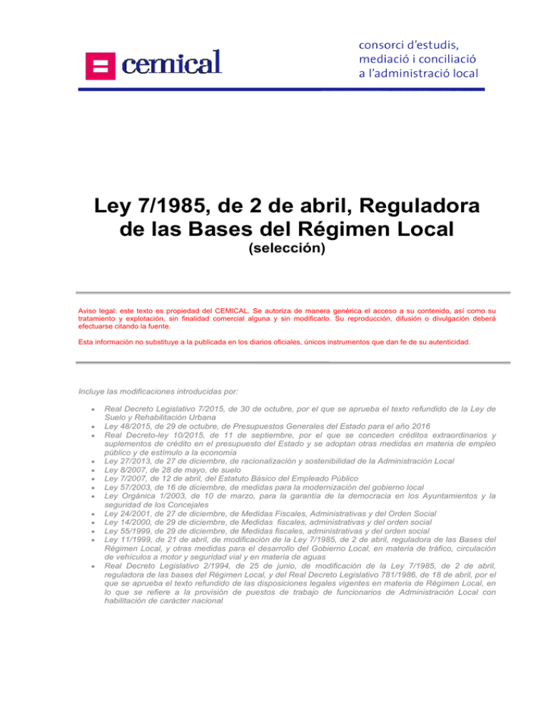 Ley 7/1985, de 2 de abril, reguladora de las Bases del