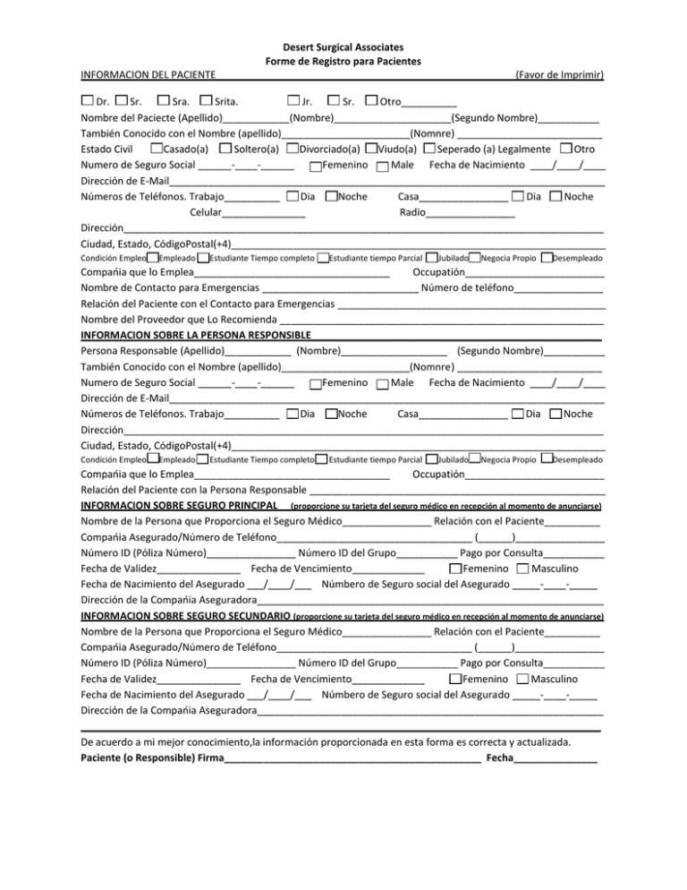 Desert Surgical Associates Forme de Registro para Pacientes