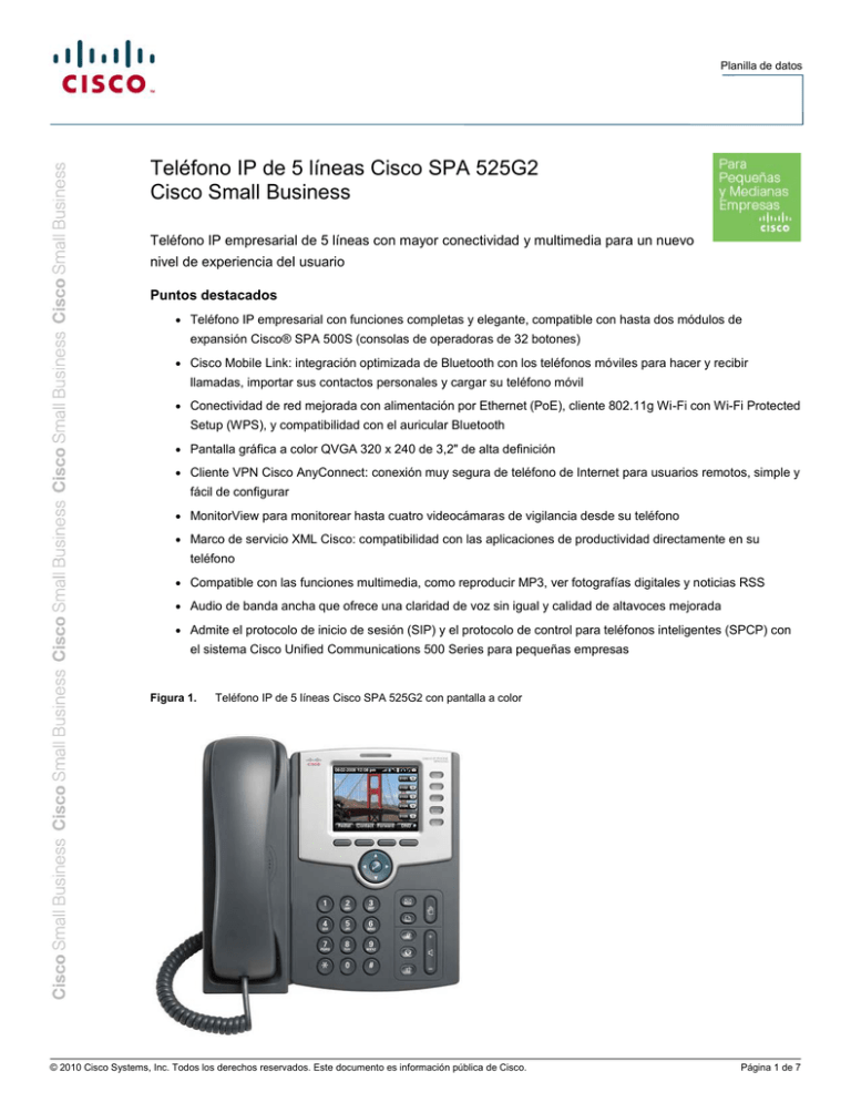 Teléfono IP de 5 líneas Cisco SPA 525G2 Cisco Small Business