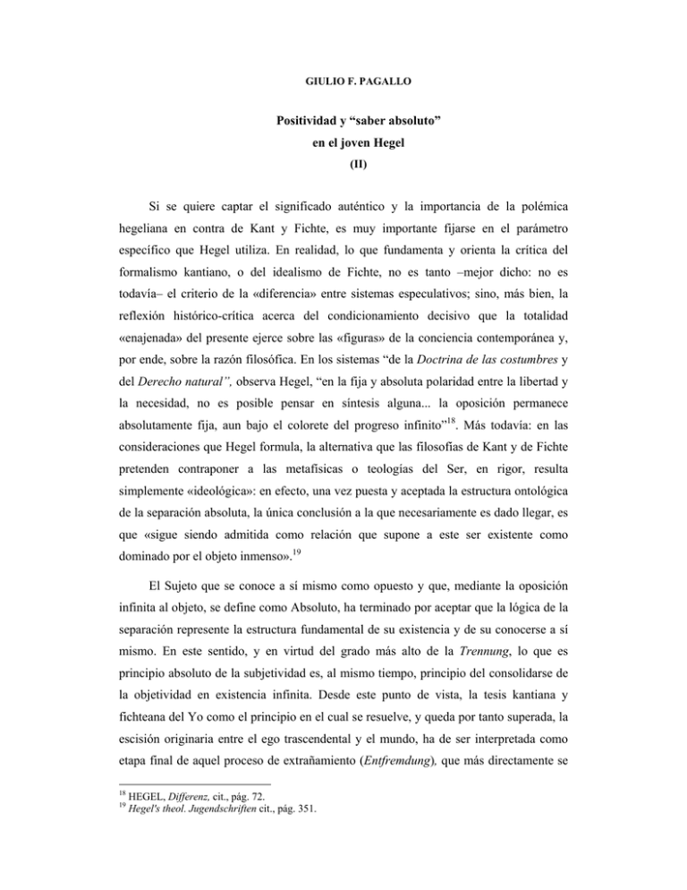 Positividad y saber absoluto en el joven Hegel (II)