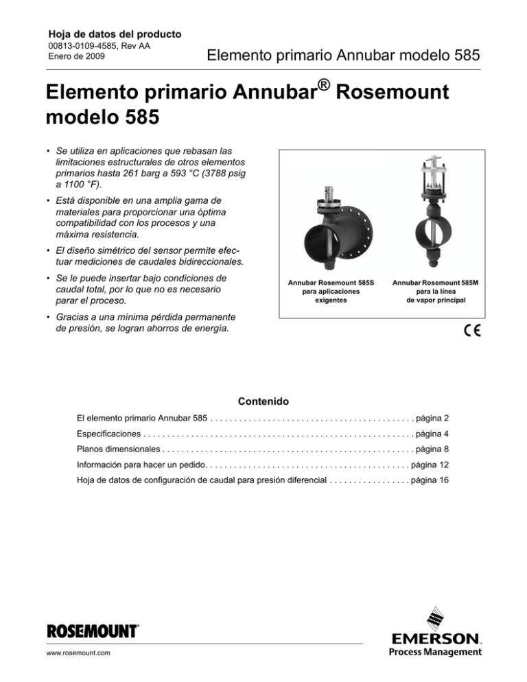 Annubar Rosemount 585: Hoja de Datos del Elemento Primario