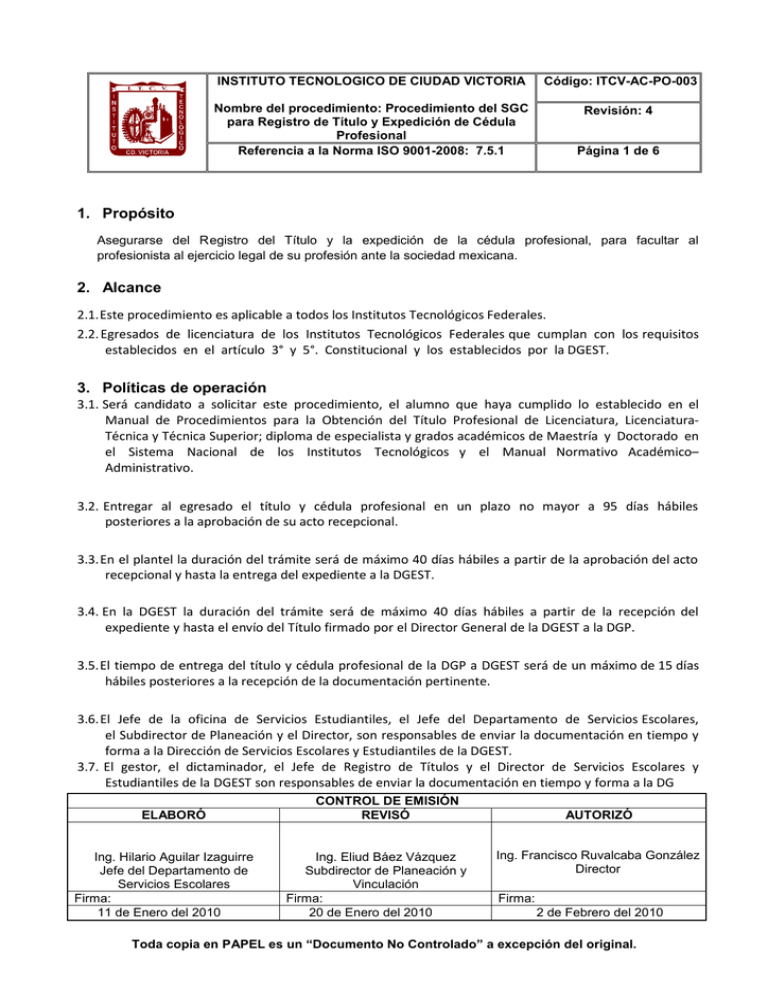 ITCV-AC-PO-003 Reg. Titulo y Ced - Instituto Tecnológico de Cd