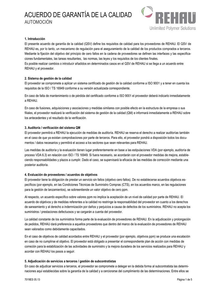 acuerdo de garantía de la calidad