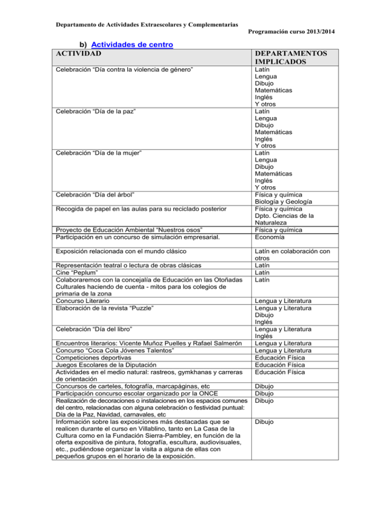 tabla de actividades en el centro