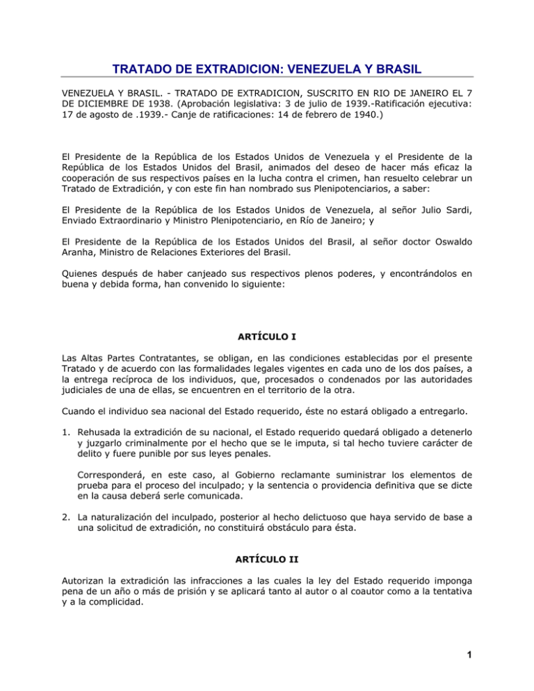 TRATADO DE EXTRADICION: VENEZUELA Y BRASIL