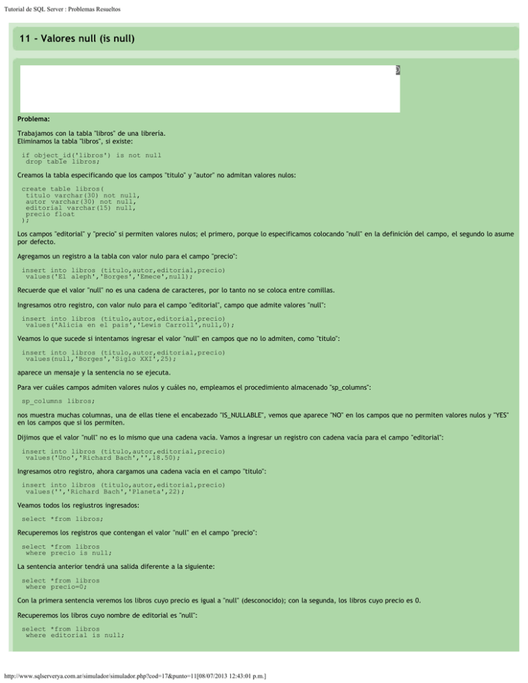 Tutorial de SQL Server : Problemas Resueltos