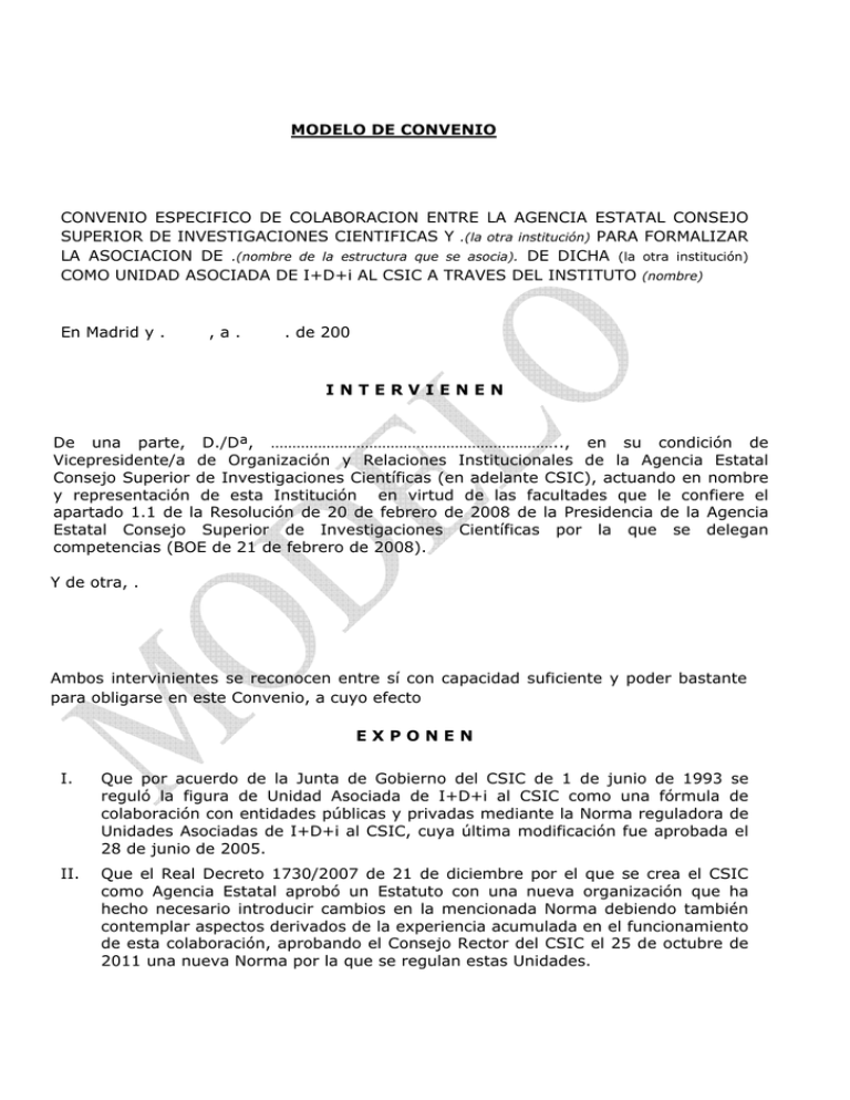 MODELO DE CONVENIO CONVENIO ESPECIFICO DE