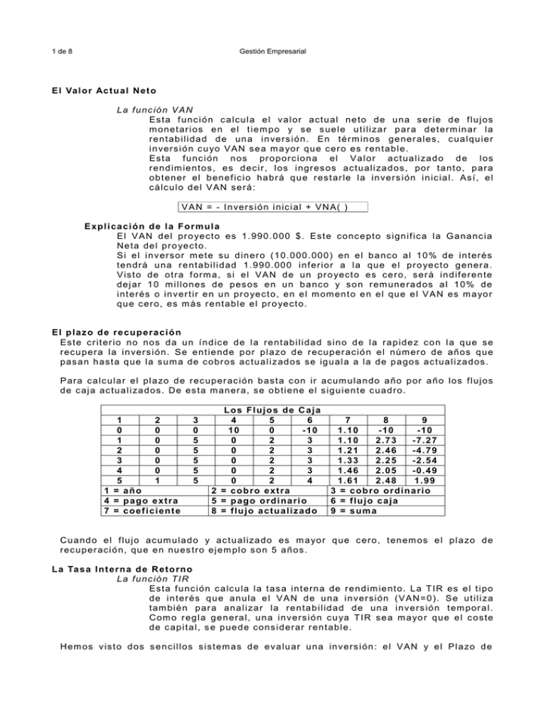 El Valor Actual Neto La función VAN Esta función calcula el valor