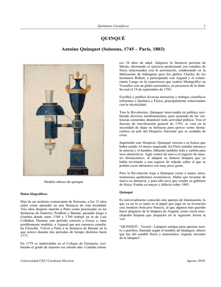 QUINQUÉ Antoine Quinquet (Soissons, 1745 – París, 1803)