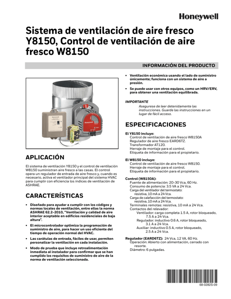 Sistema de ventilación de aire fresco Y8150, Control de