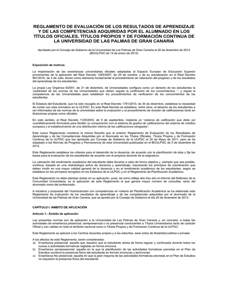 Reglamento de Evaluación de los Resultados de Aprendizaje y de las