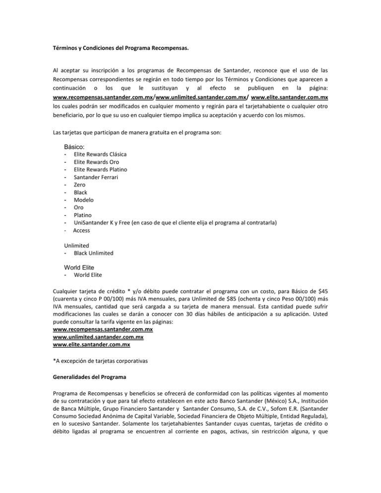 Términos y Condiciones del Programa Recompensas