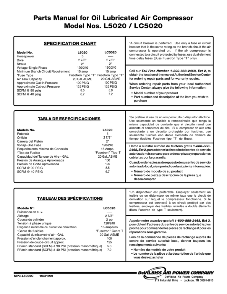 Parts Manual for Oil Lubricated Air Compressor Model Nos. L5020