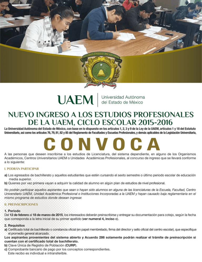 nuevo ingreso a los estudios profesionales de la uaem, ciclo escolar