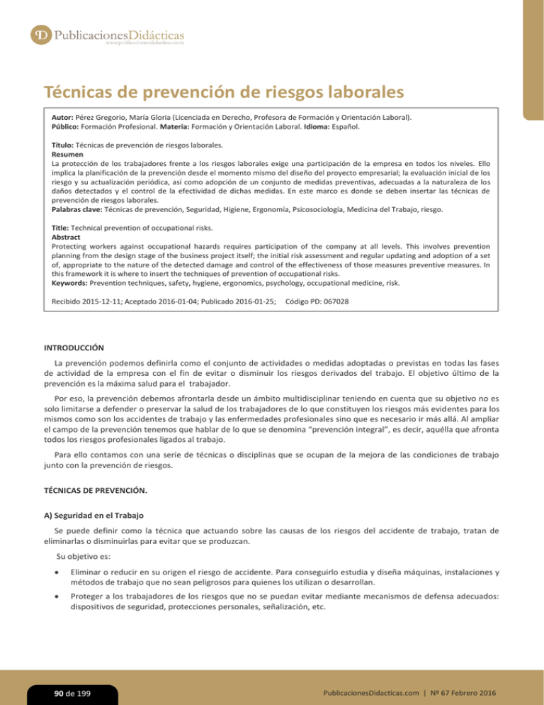 Tecnicas de prevencion de riesgos laborales