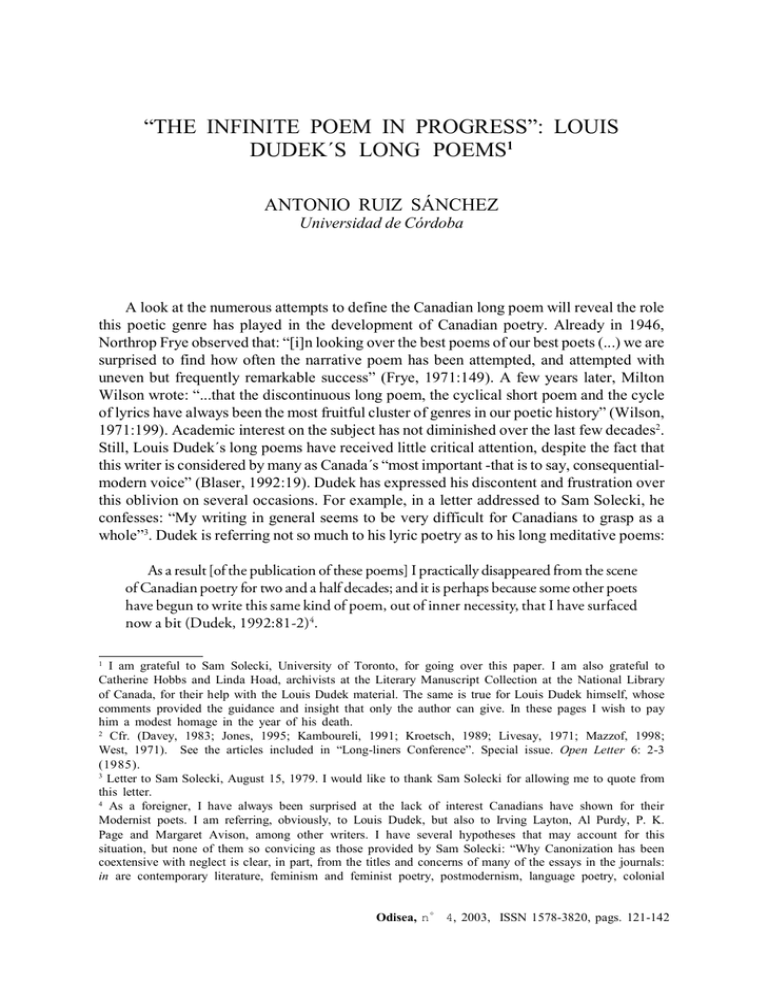 the infinite poem in progress””: louis dudek´s long poems1