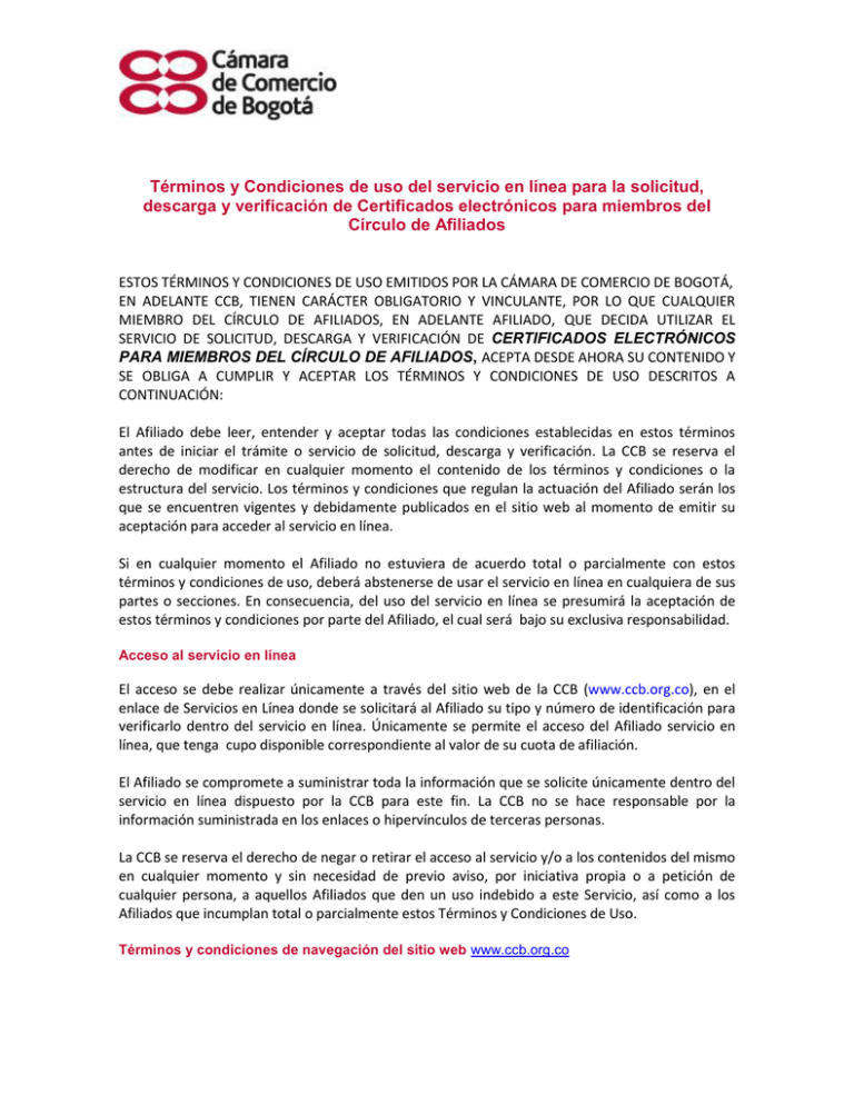 Términos y Condiciones de uso del servicio en línea para la