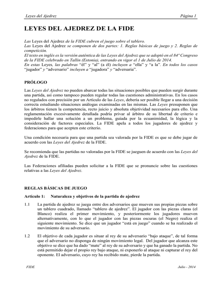 leyes del ajedrez de la fide - Federación Española de Ajedrez