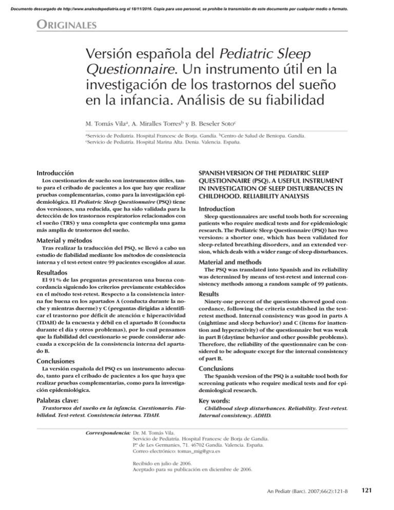 Versión española del Pediatric Sleep Questionnaire. Un instrumento