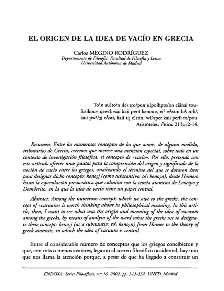 El Origen de la Idea de Vacío en Grecia