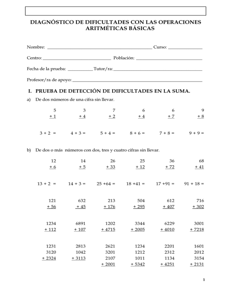 diagnóstico de dificultades con las operaciones aritméticas básicas