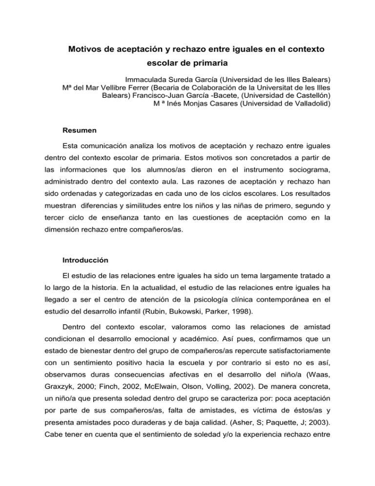 Motivos de aceptación y rechazo entre iguales en el contexto