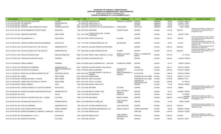 Clave Catastral Denominación Tipo de inmueble Escritura Fecha