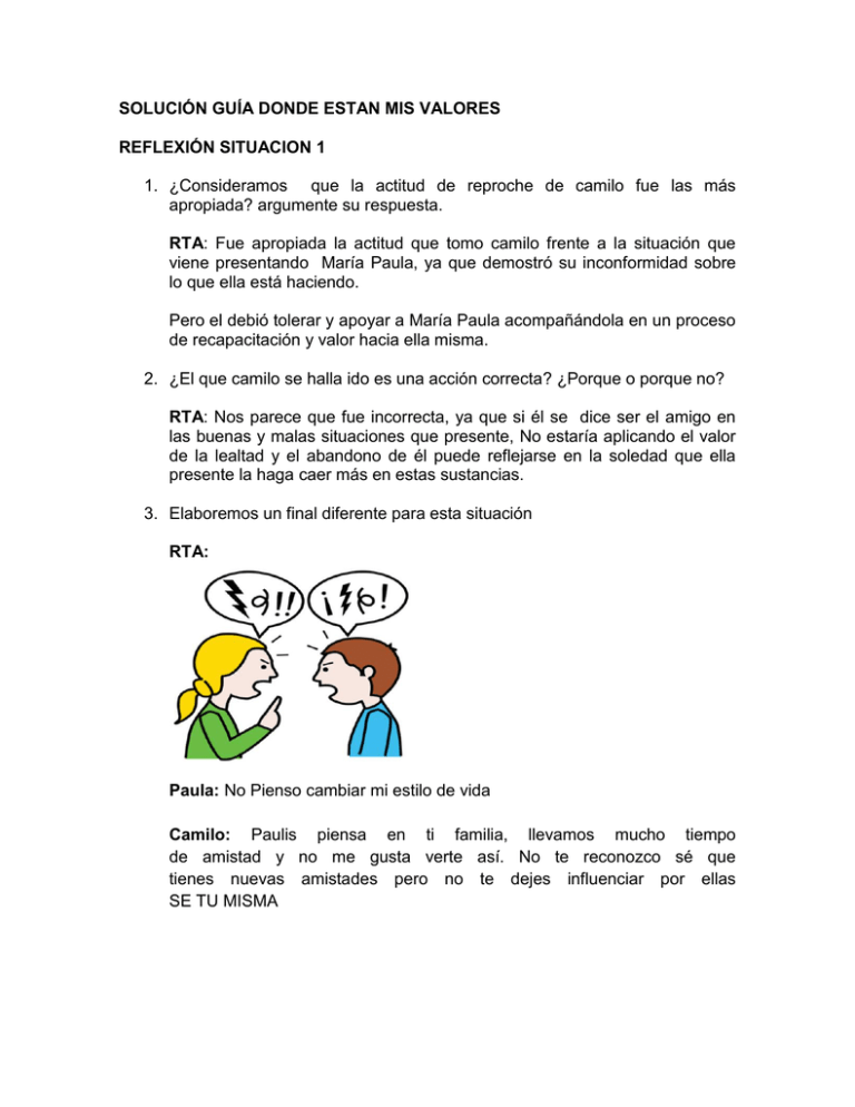 SOLUCIÓN GUÍA DONDE ESTAN MIS VALORES REFLEXIÓN