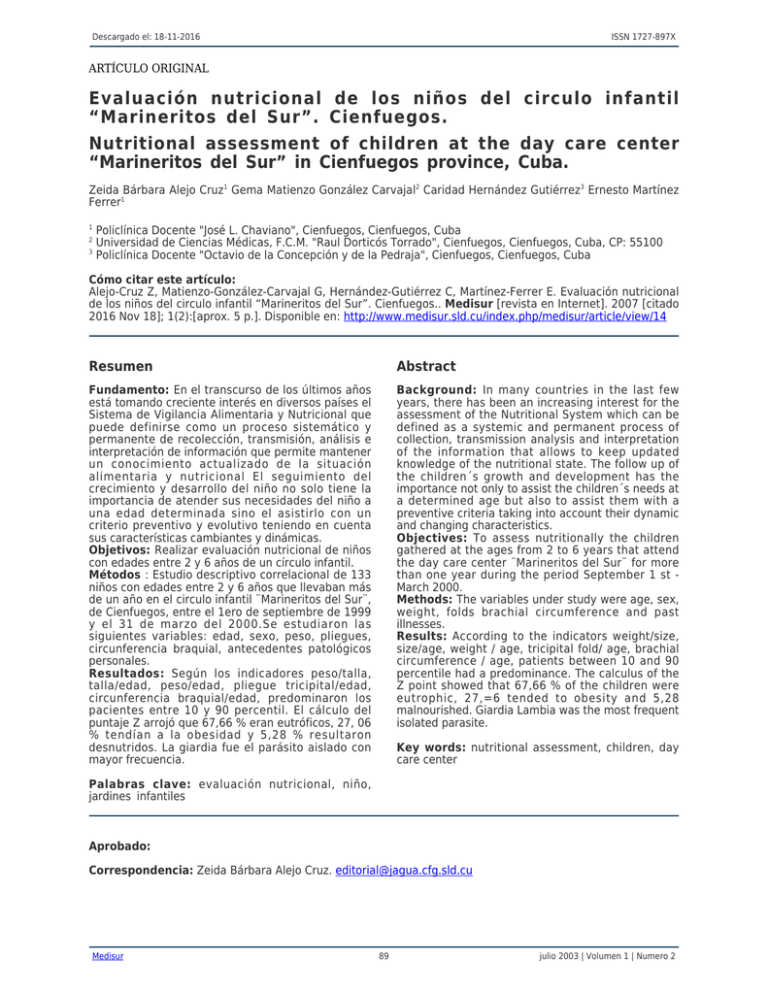 Evaluación nutricional de los niños del circulo infantil