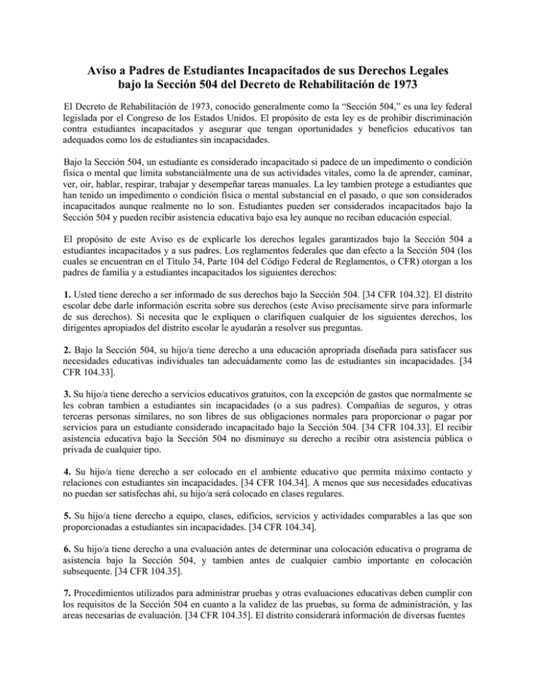 Aviso a Padres de Estudiantes Incapacitados de sus Derechos