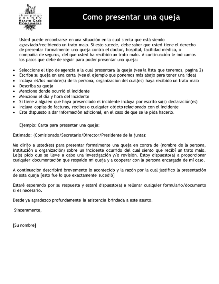 Como presentar una queja - Champaign County Health Care