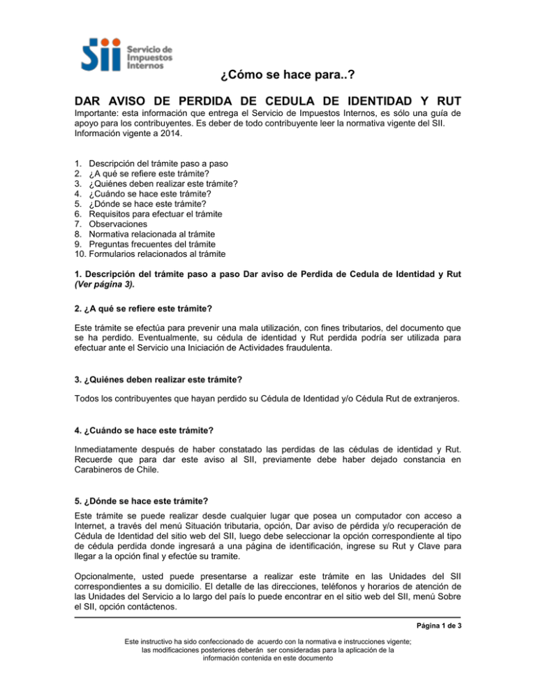 dar aviso de perdida de cedula de identidad y rut