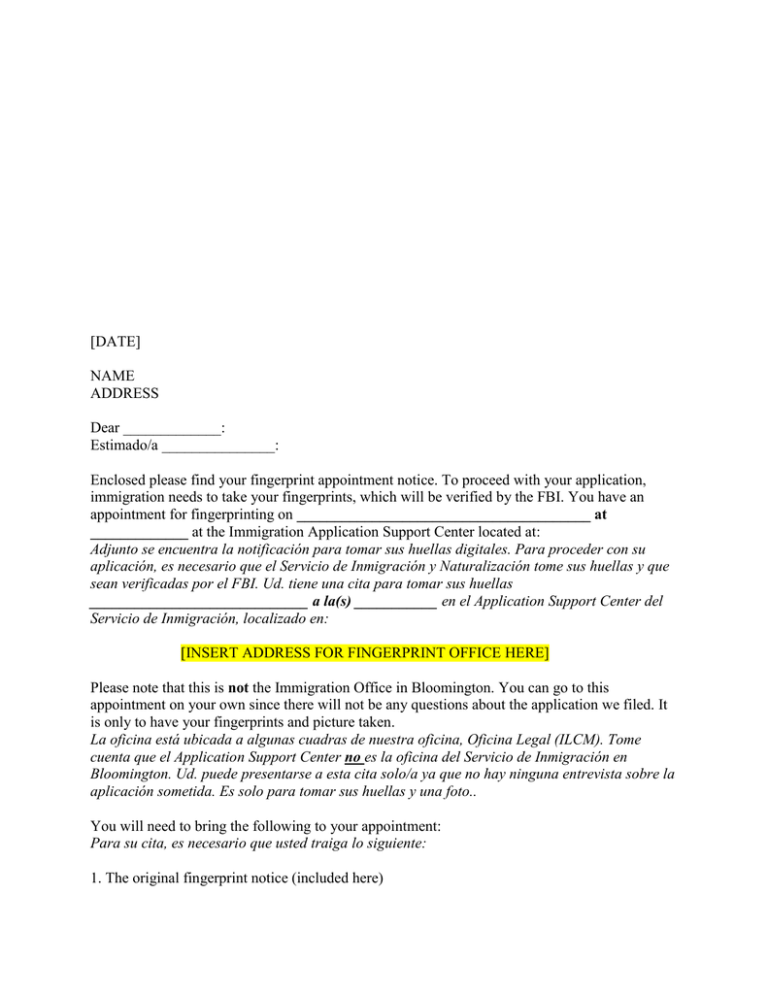Enclosed Please Find Your Fingerprint Appointment Notice T Enclosed Please Find Your Fingerprint Appointment Notice T