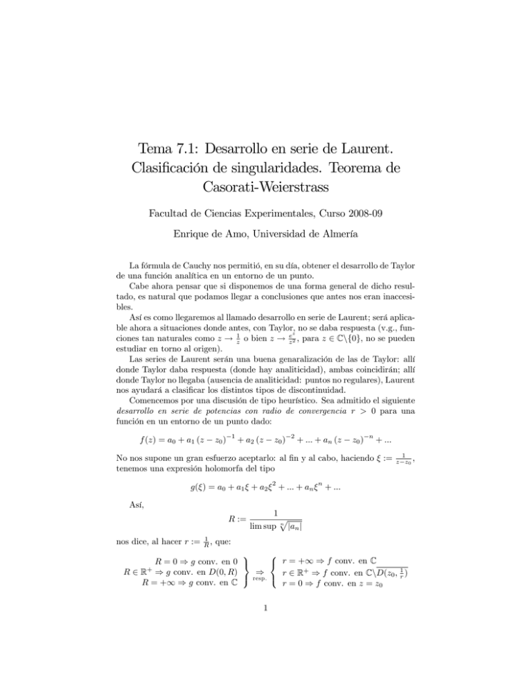 Desarrollo en serie de Laurent. Clasificación de singularidades