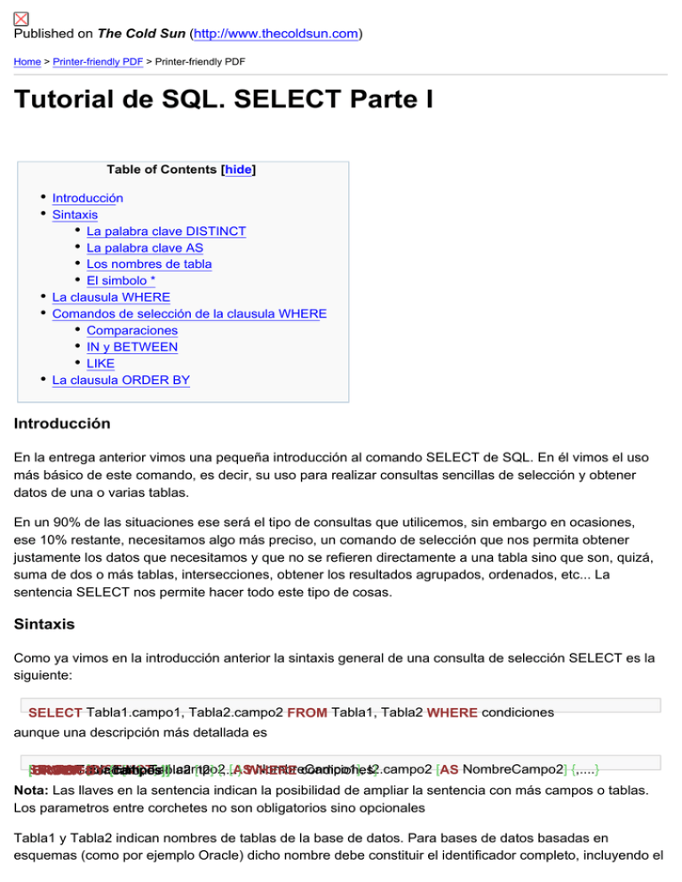 Tutorial de SQL. SELECT Parte I