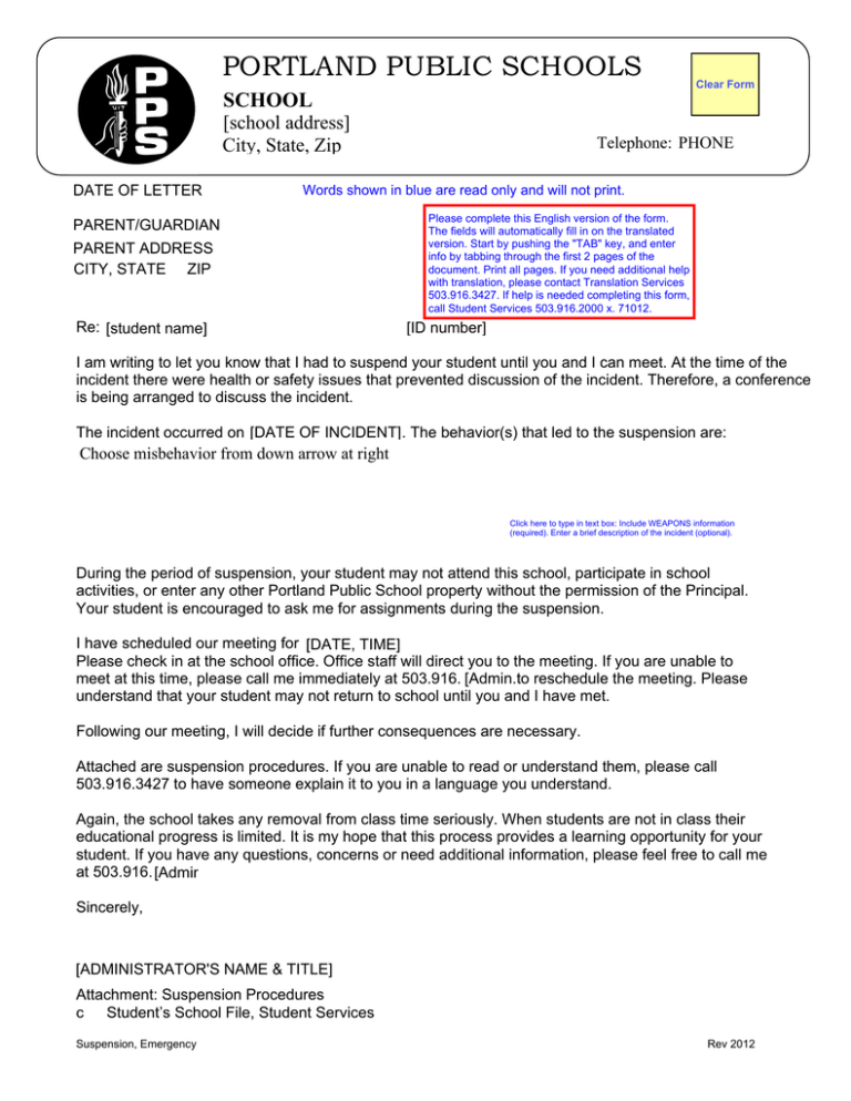 Parent/Guardian Notice of an Emergency Suspension