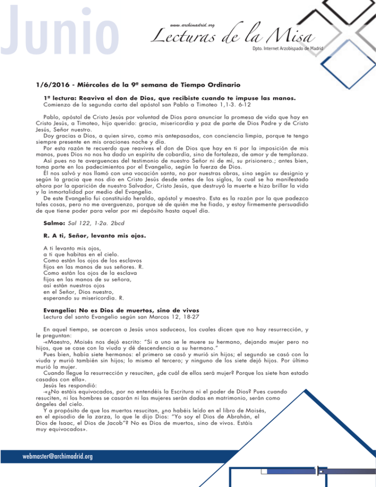 Lecturas de la Misa de Junio 2016