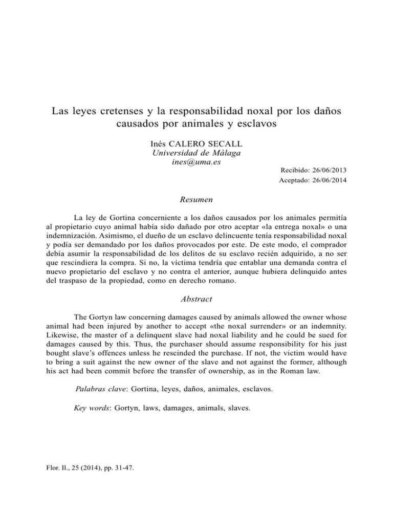 Las leyes cretenses y la responsabilidad noxal por los daños
